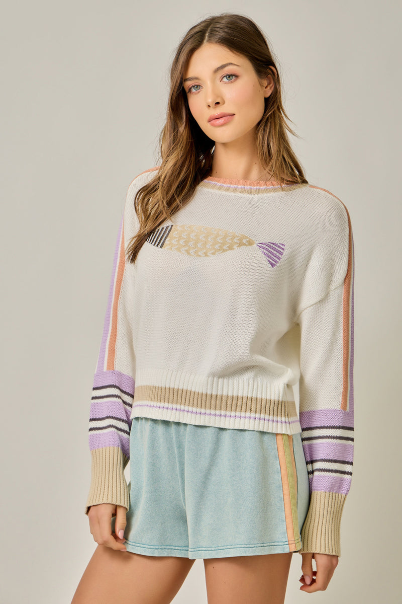 Color Block Embroidered Fish Sweater Off White Mix – Broadway in Stanley